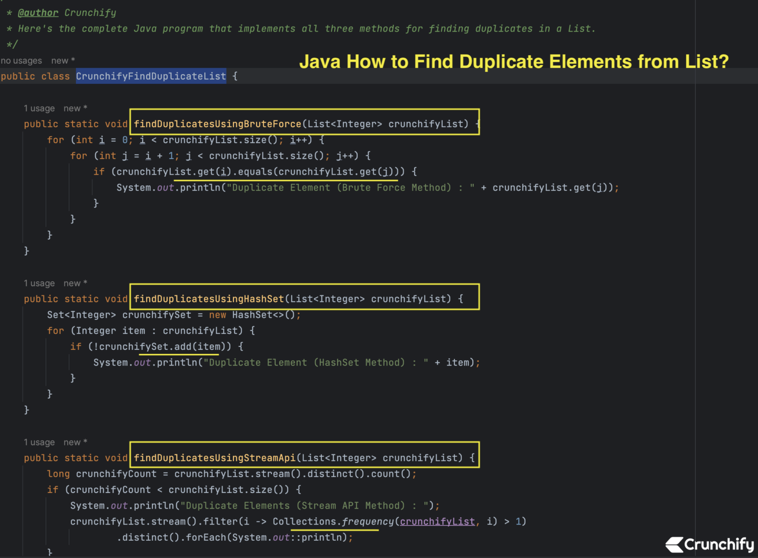 In Java How To Find Duplicate Elements From List Brute Force HashSet
