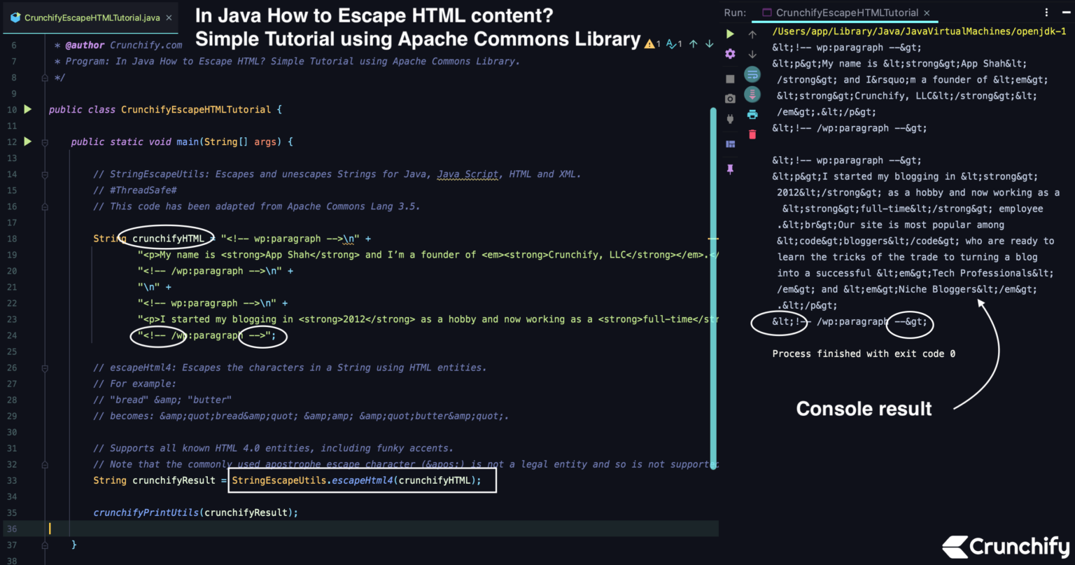 In Java How To Escape HTML Content Simple Tutorial Using Apache 