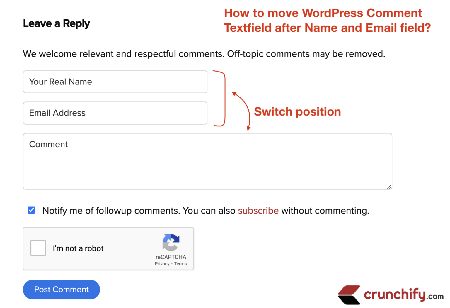 How To Move WordPress Comment Textfield After Name And Email Field 